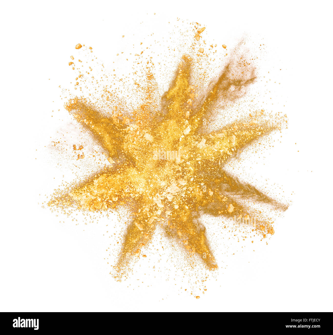Explosion of yellow powder on white background Stock Photo - Alamy