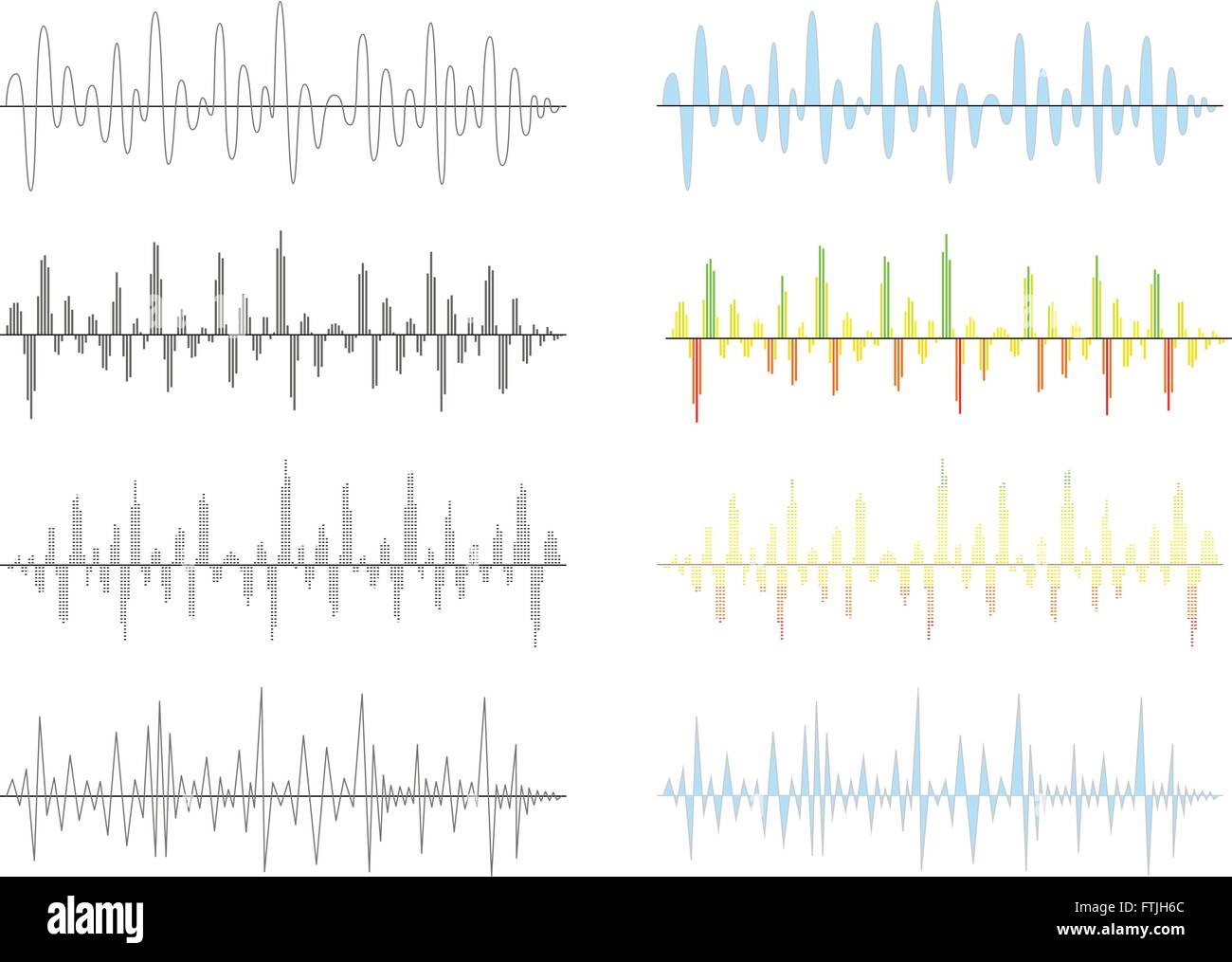 Set of different analog and digital signal waves graphs on white Stock ...