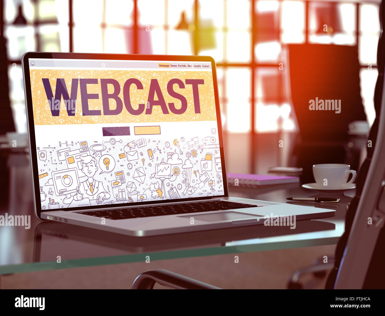 Webcast Concept Closeup on Landing Page of Laptop Screen in Modern ...