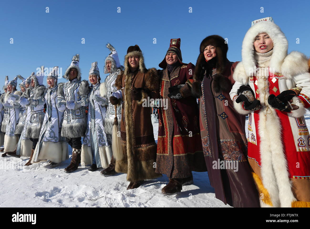 YAKUTIA, RUSSIA. MARCH 29, 2016. People at the start of the 2016 Stock ...