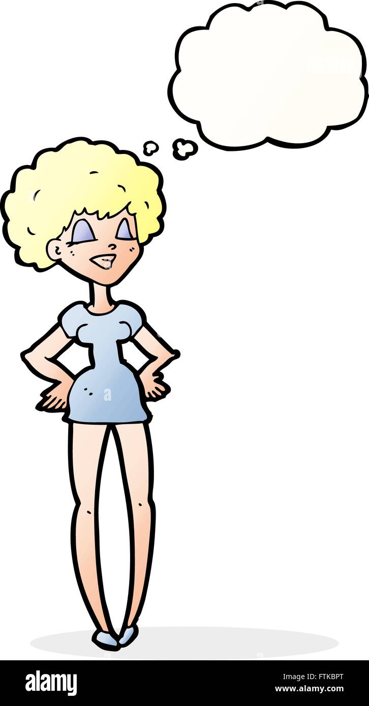 cartoon happy woman with hands on hips with thought bubble Stock Vector ...