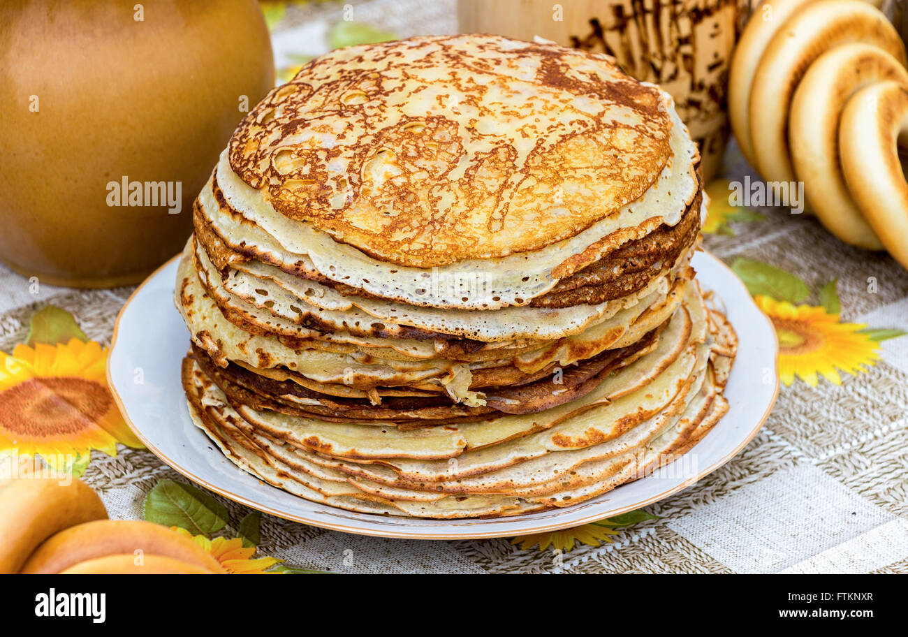 Russian traditional food. Appetizing fried pancakes during Pancake Week ...
