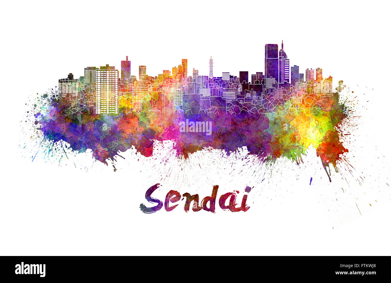 Sendai skyline in watercolor splatters with clipping path Stock Photo ...