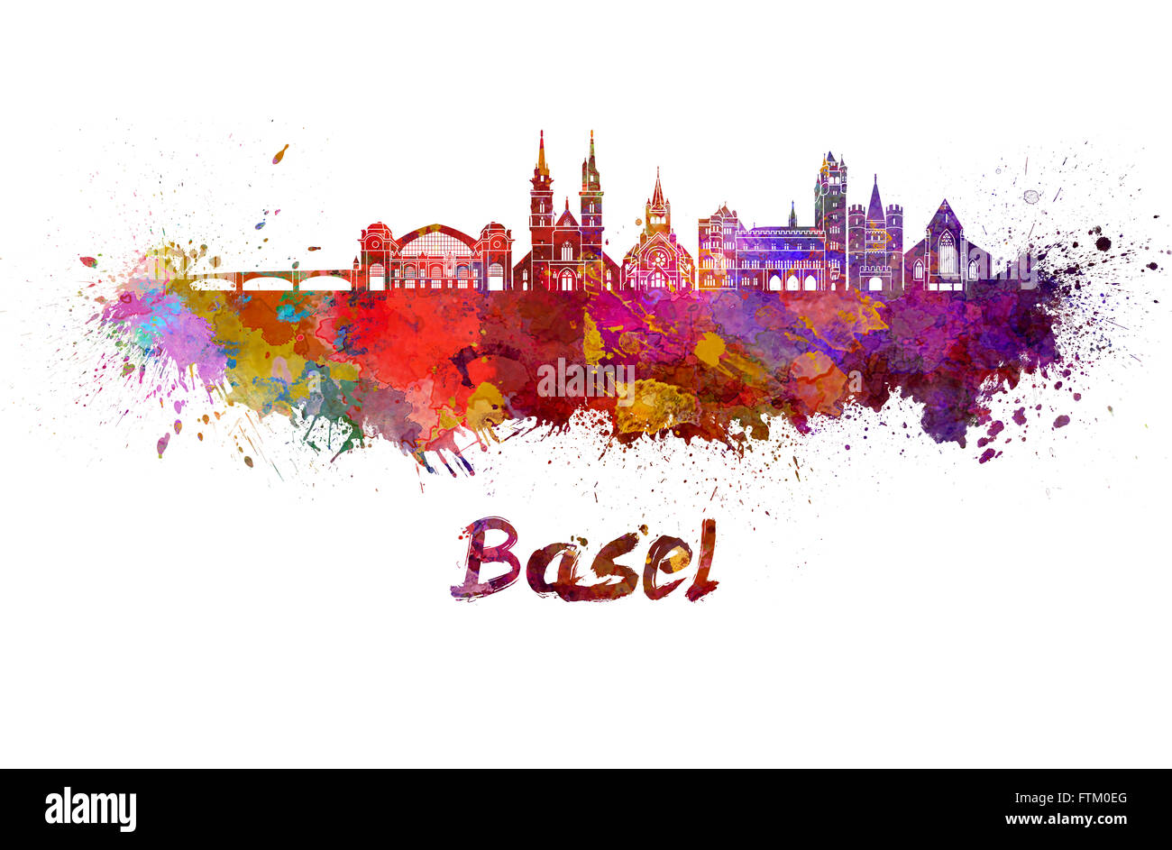Basel skyline in watercolor splatters with clipping path Stock Photo ...
