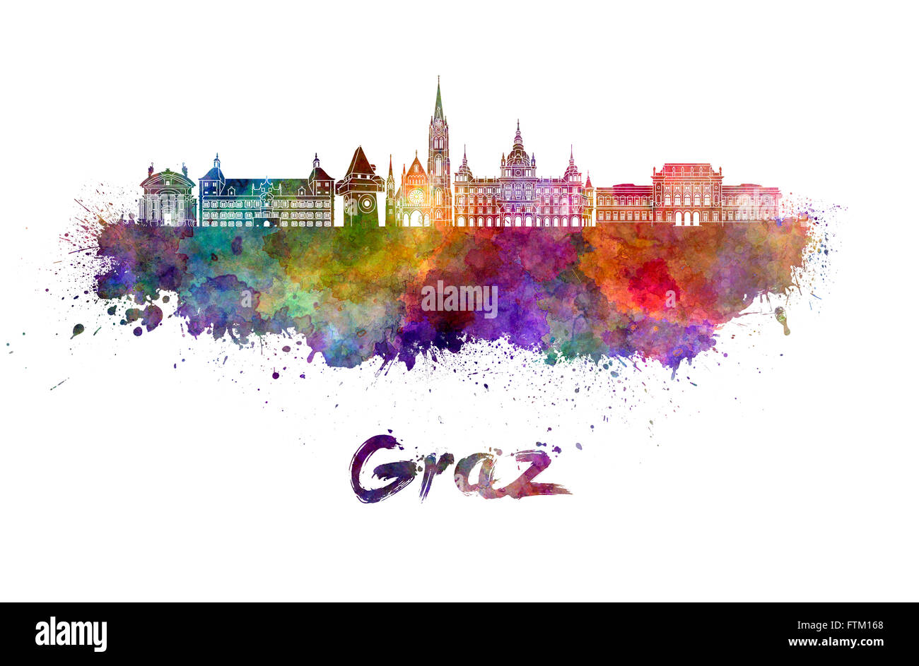 Graz skyline in watercolor splatters with clipping path Stock Photo - Alamy
