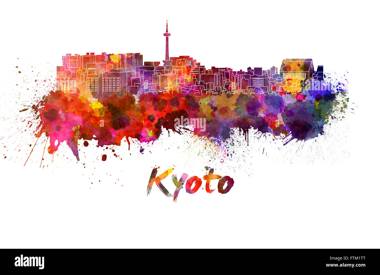Kyoto skyline in watercolor splatters with clipping path Stock Photo ...