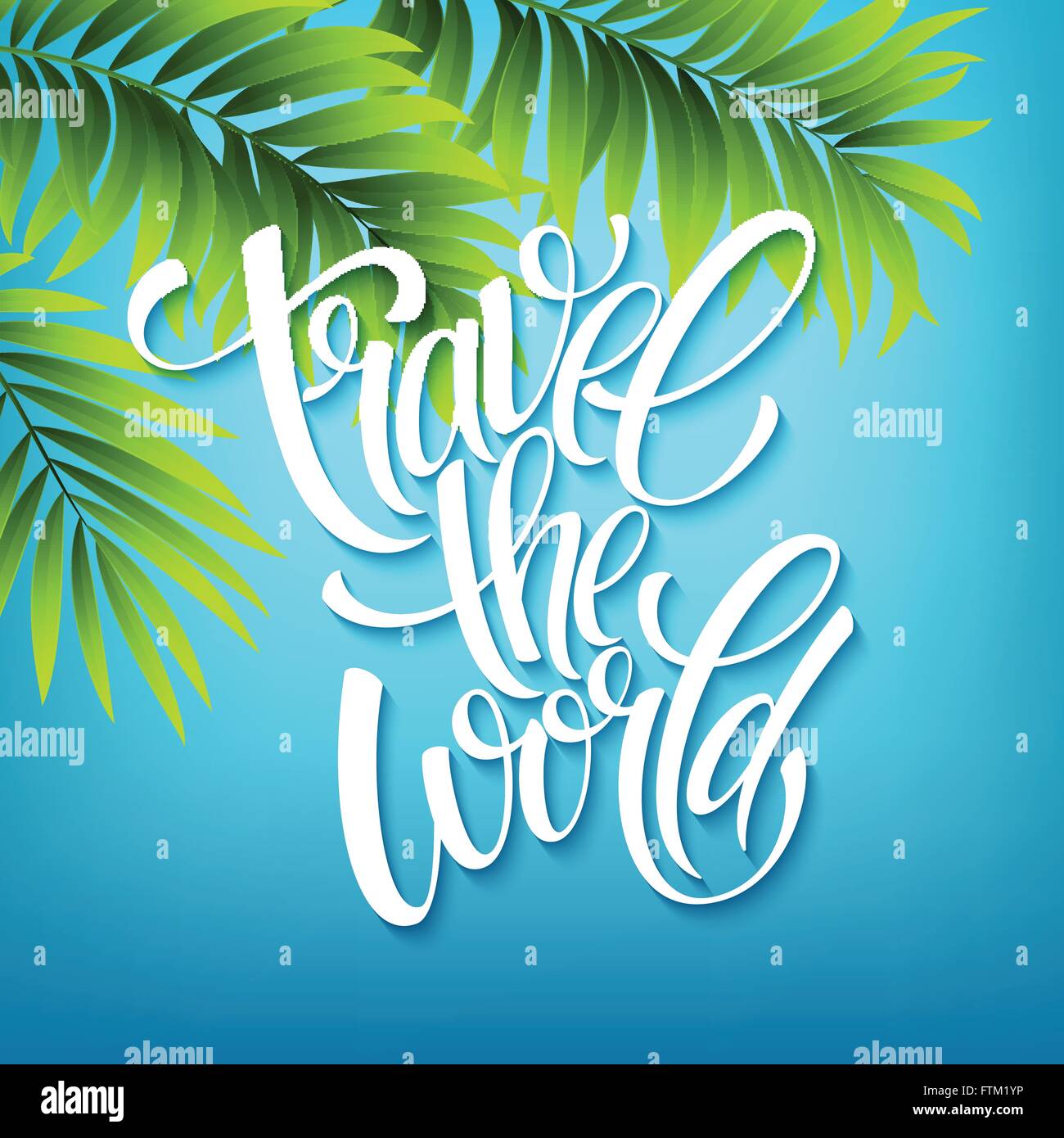 Travel the world. Handmade lettering. Island with palm trees. Sea beach ...