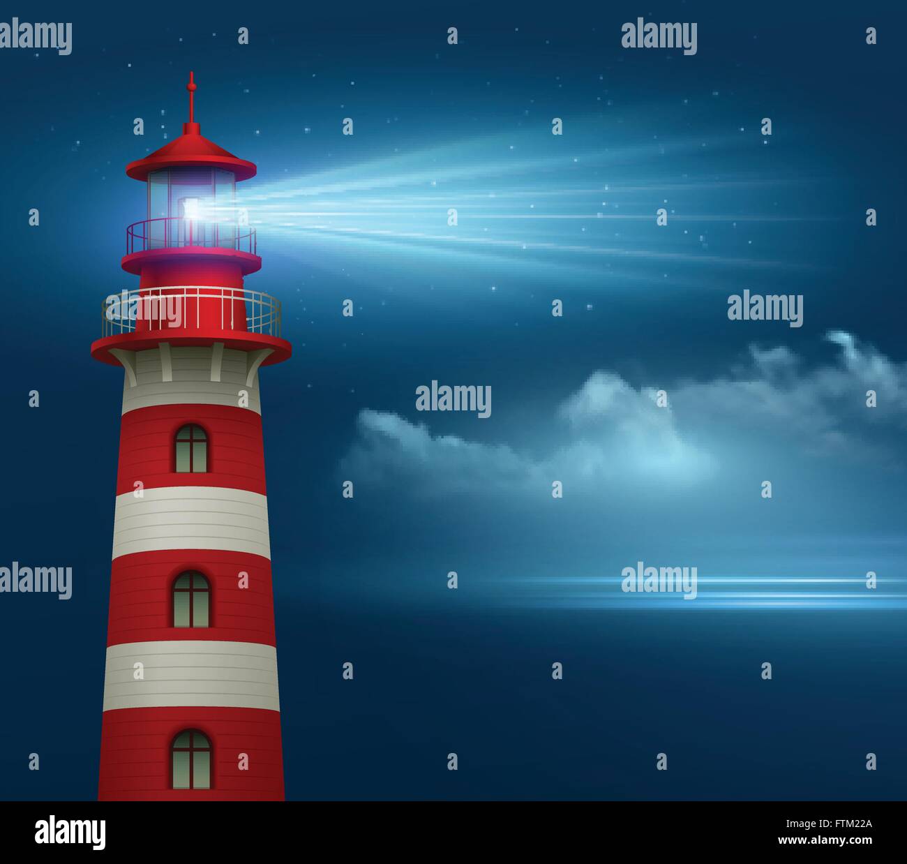 Realistic lighthouse in the night sky background. Vector illustration ...