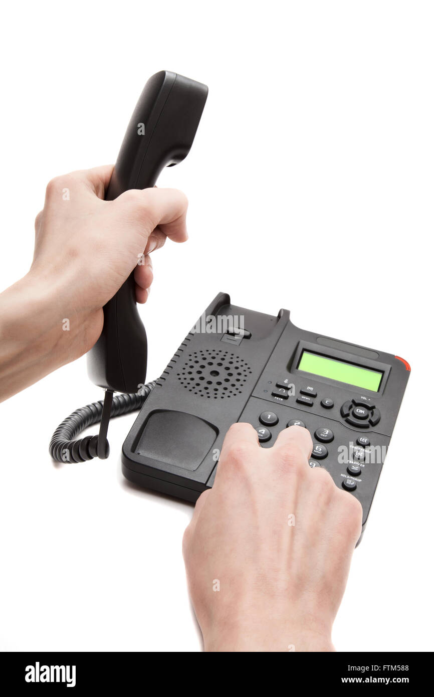 Black phone and male hands isolated on white background Stock Photo - Alamy