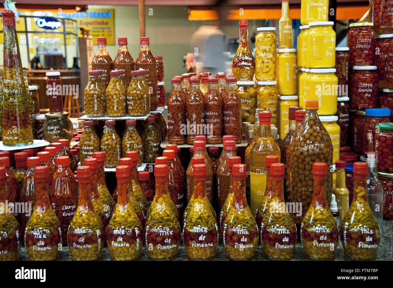 Peppers on bottles sold in City Market City of Campo Grande Stock Photo ...