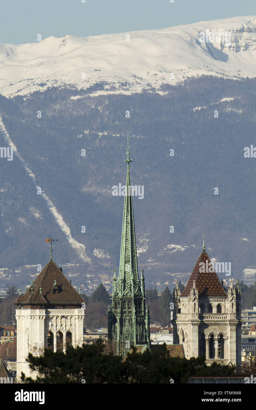 Gothic tower of the Cathedral Saint Pierre in Geneva with the Jura ...