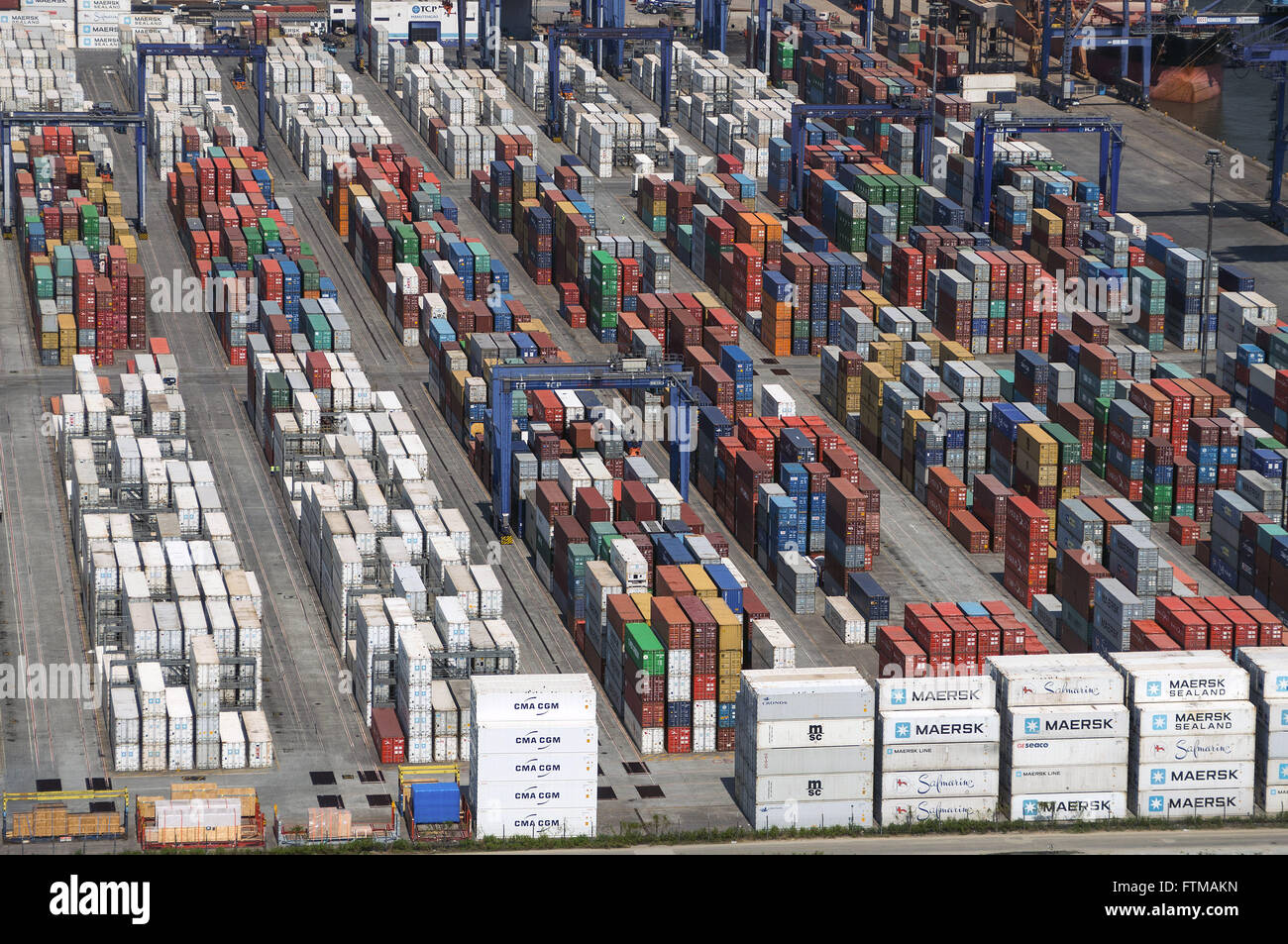 Aerial view of the container terminal of the port on the shore of the ...