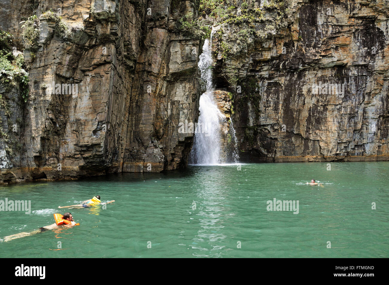Waterfall in the canyon lake created by the dam Furnas Furnas in ...