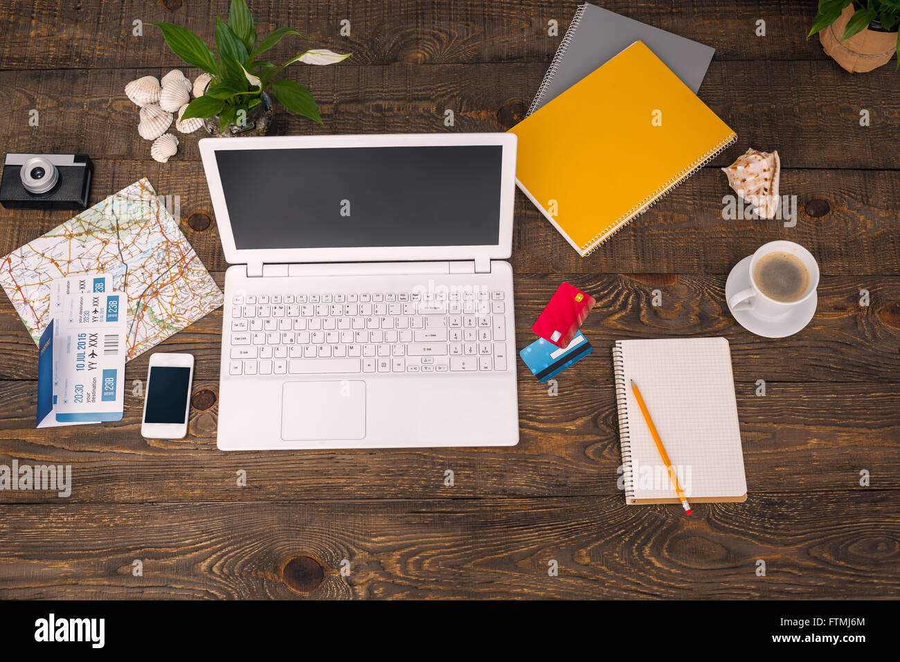 Top view of objects on wooden table Stock Photo - Alamy