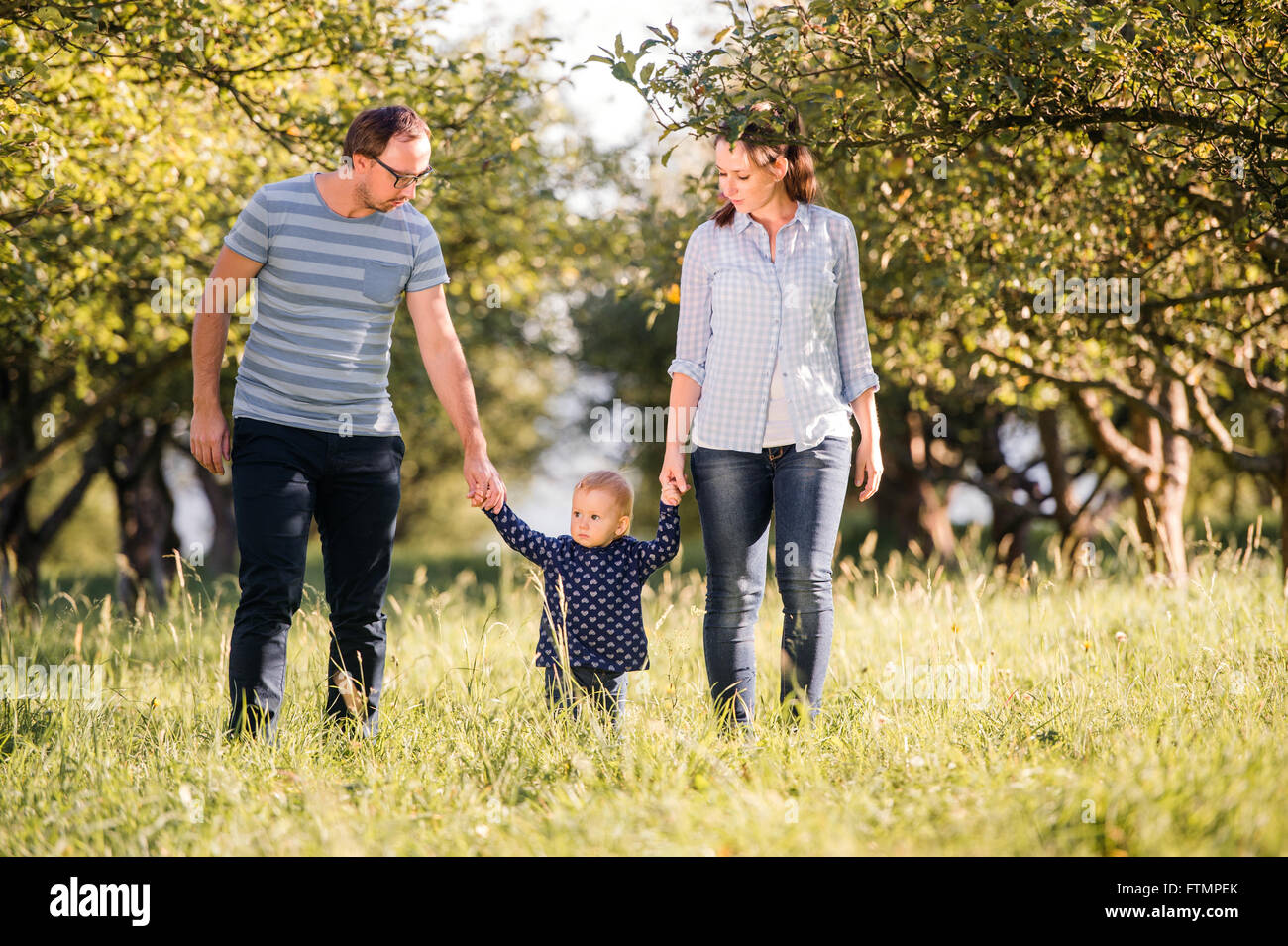 Parents holding hands of their daughter making first steps Stock Photo ...