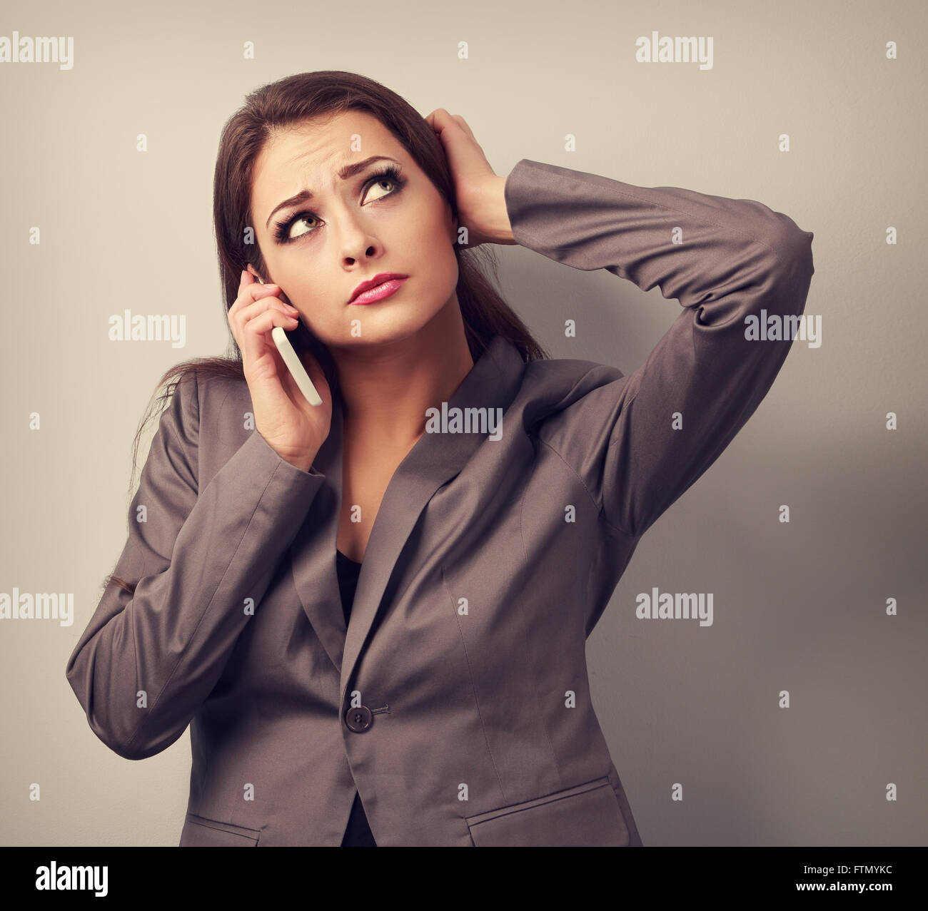 Phone think sad woman hi-res stock photography and images - Alamy