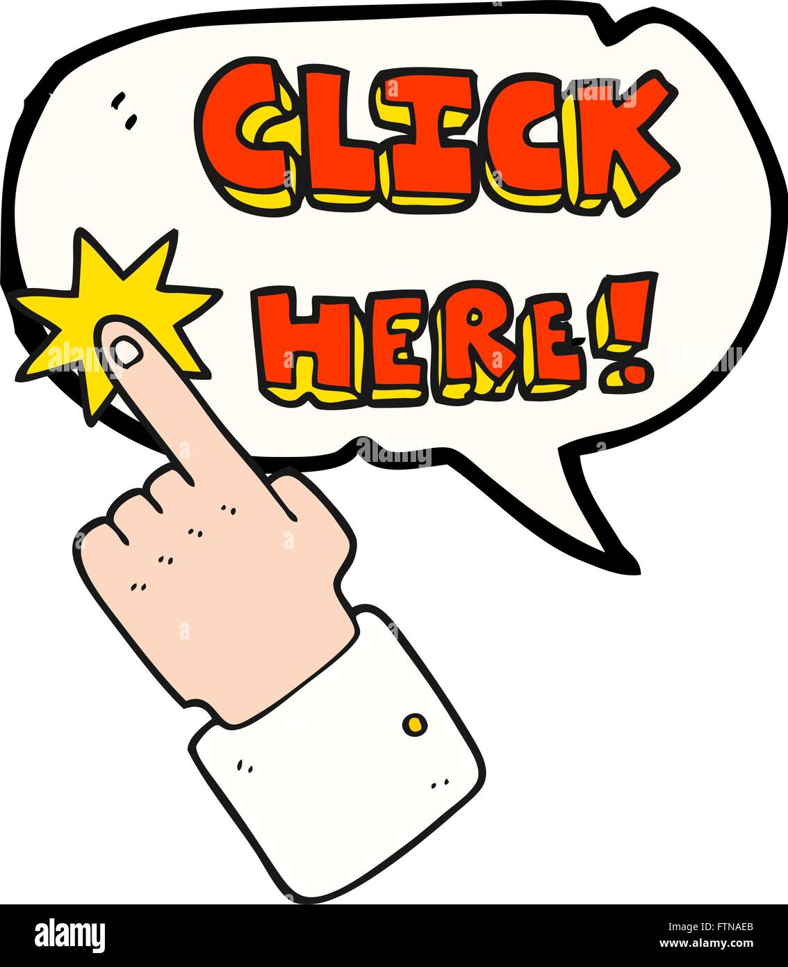 freehand drawn speech bubble cartoon click here sign with finger Stock ...