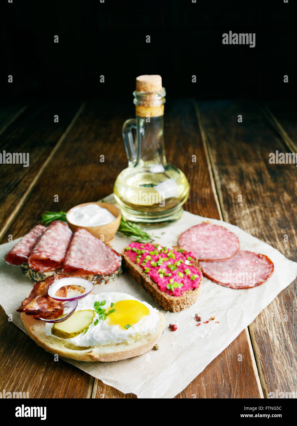 Tasty homemade tapas with different fillings on the table Stock Photo ...