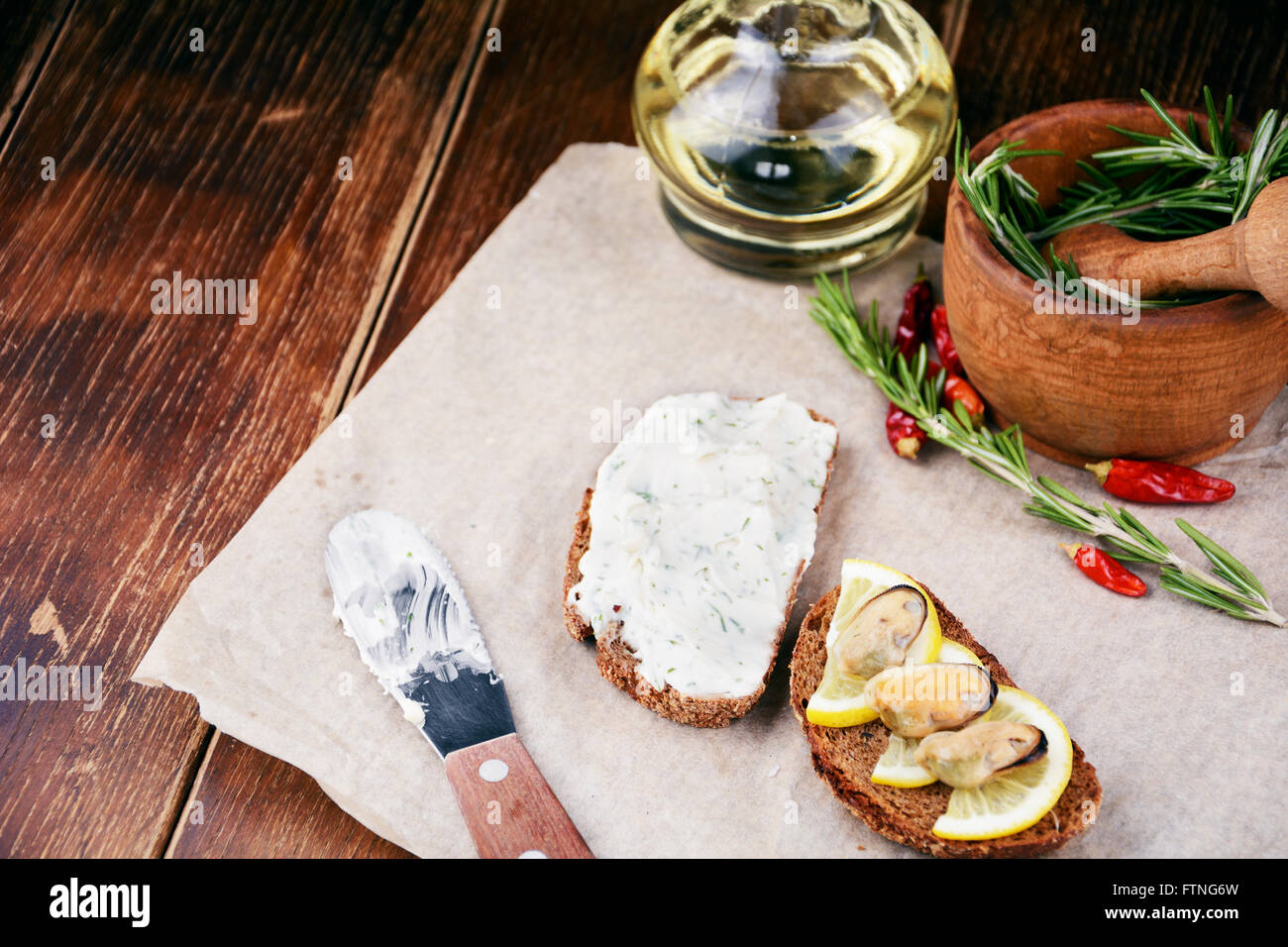 Tasty homemade tapas with different fillings on the table Stock Photo ...