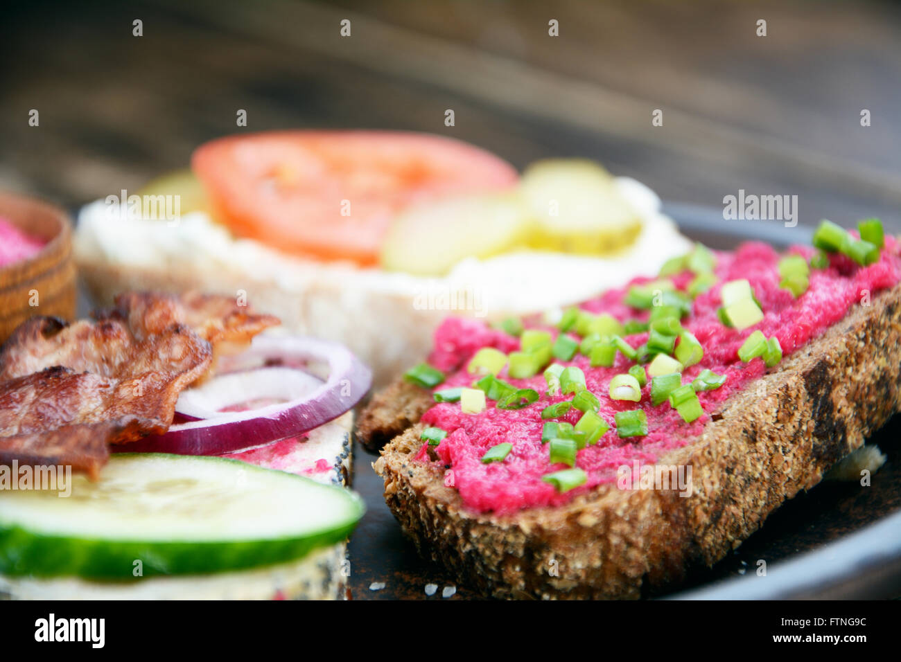 Tasty homemade tapas with different fillings on the table Stock Photo ...
