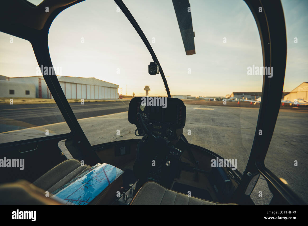Inside view of a helicopter cockpit with instrument panel dashboard ...