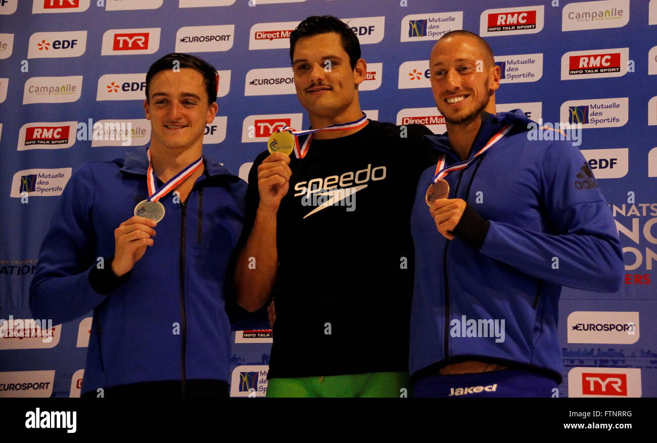 Florent Manaudou, Clement Mignon, Frederick Bousquet on the podium in ...