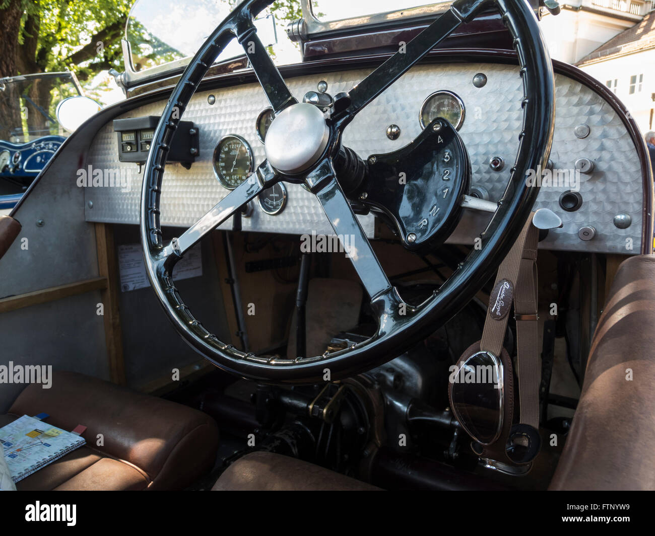 Merano, Italy - July 9, 2015: steering wheel of the Riley Ulster IMP ...
