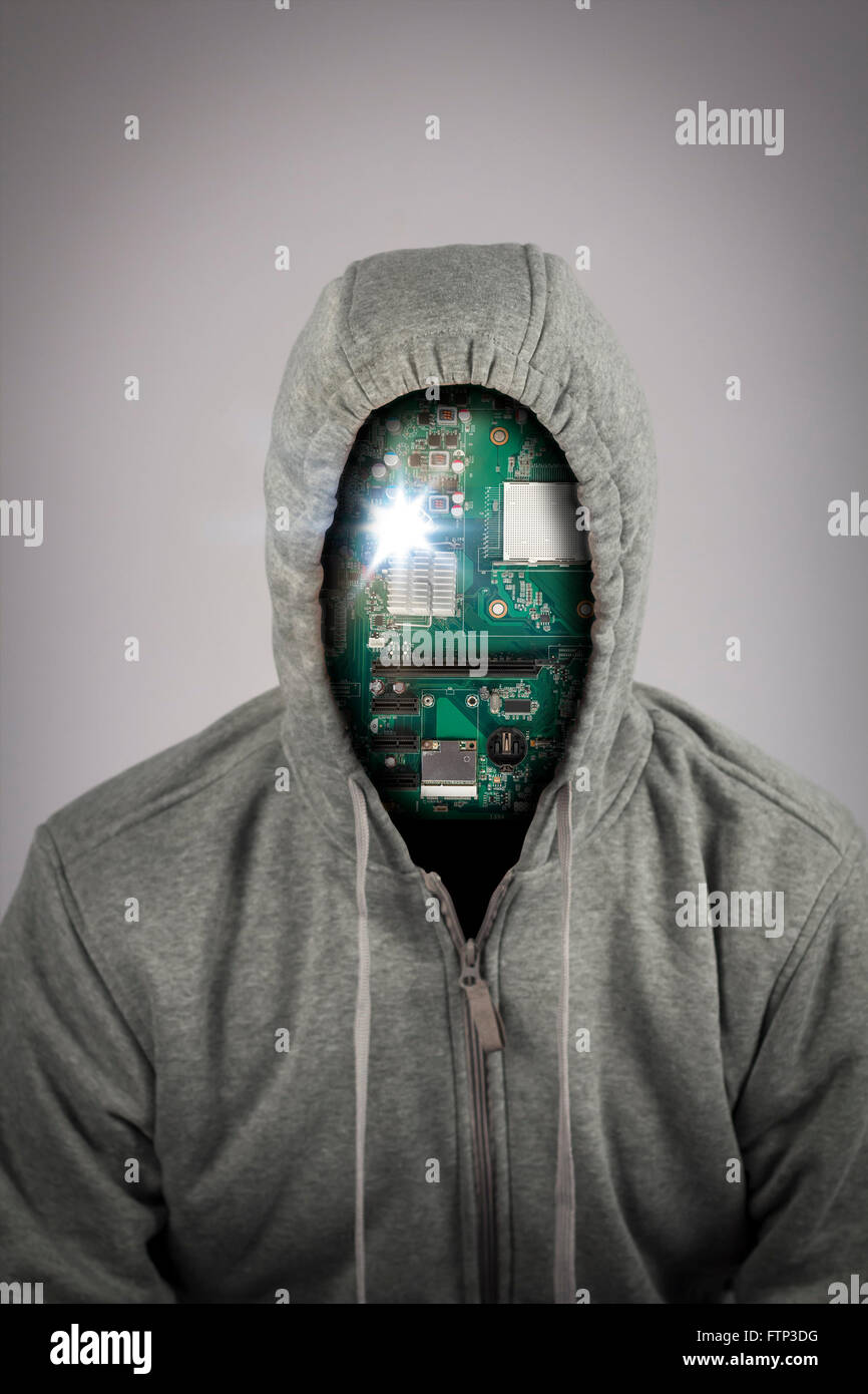 Human cyborg robot with anonymous circuit board face Stock Photo - Alamy