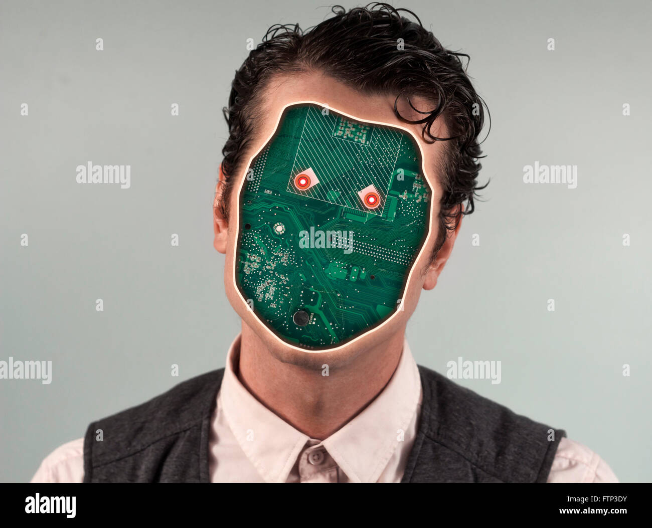 Human cyborg robot with anonymous circuit board face Stock Photo - Alamy