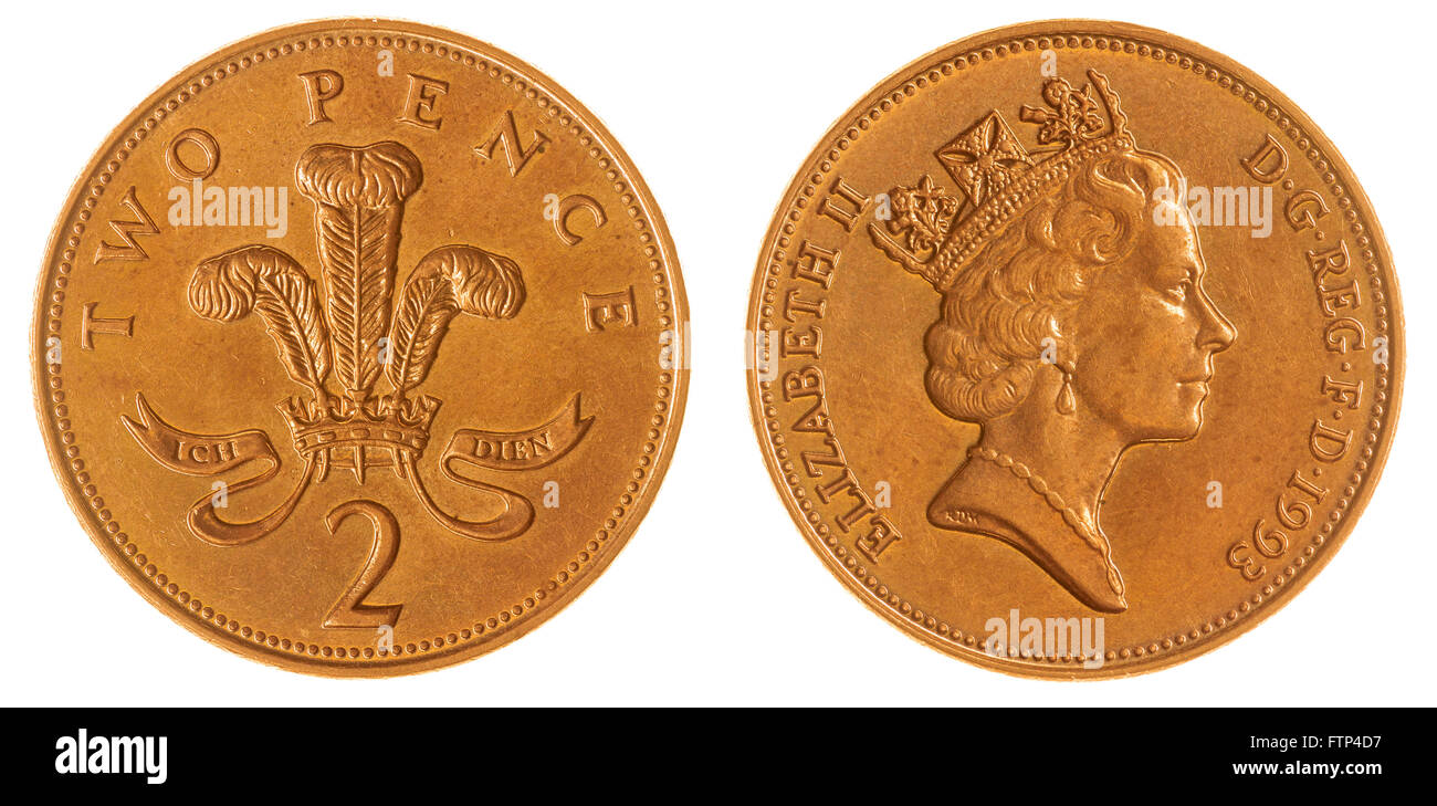 Copper plated 2 pence 1993 coin isolated on white background, Great ...