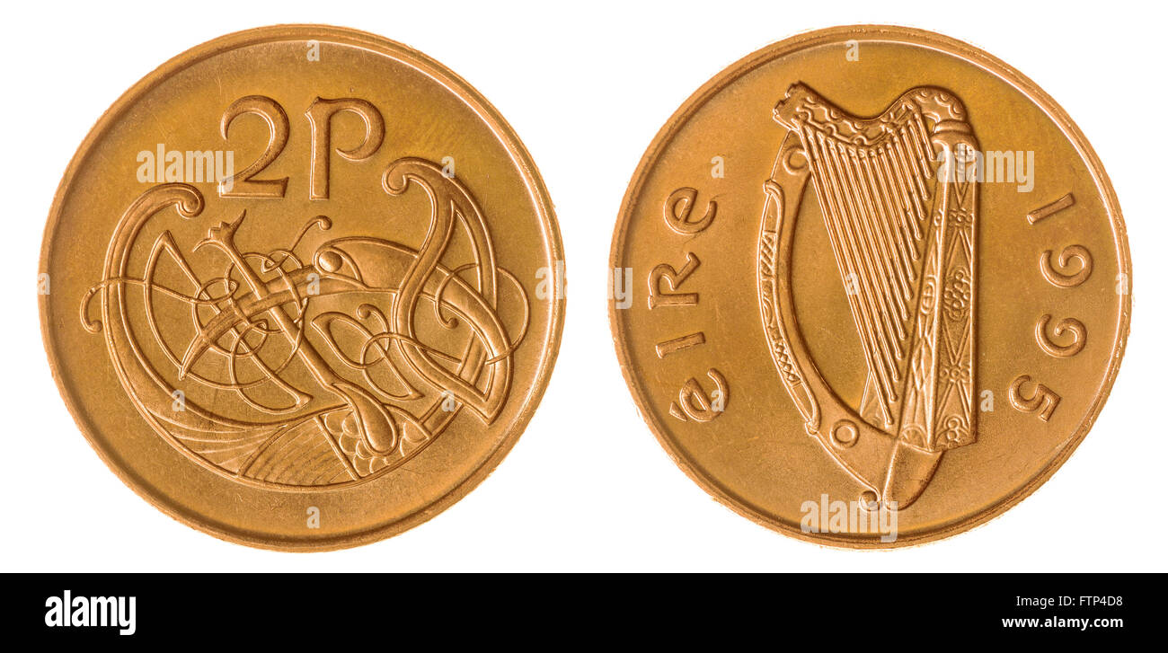 Bronze 2 pence 1995 coin isolated on white background, Ireland Stock ...