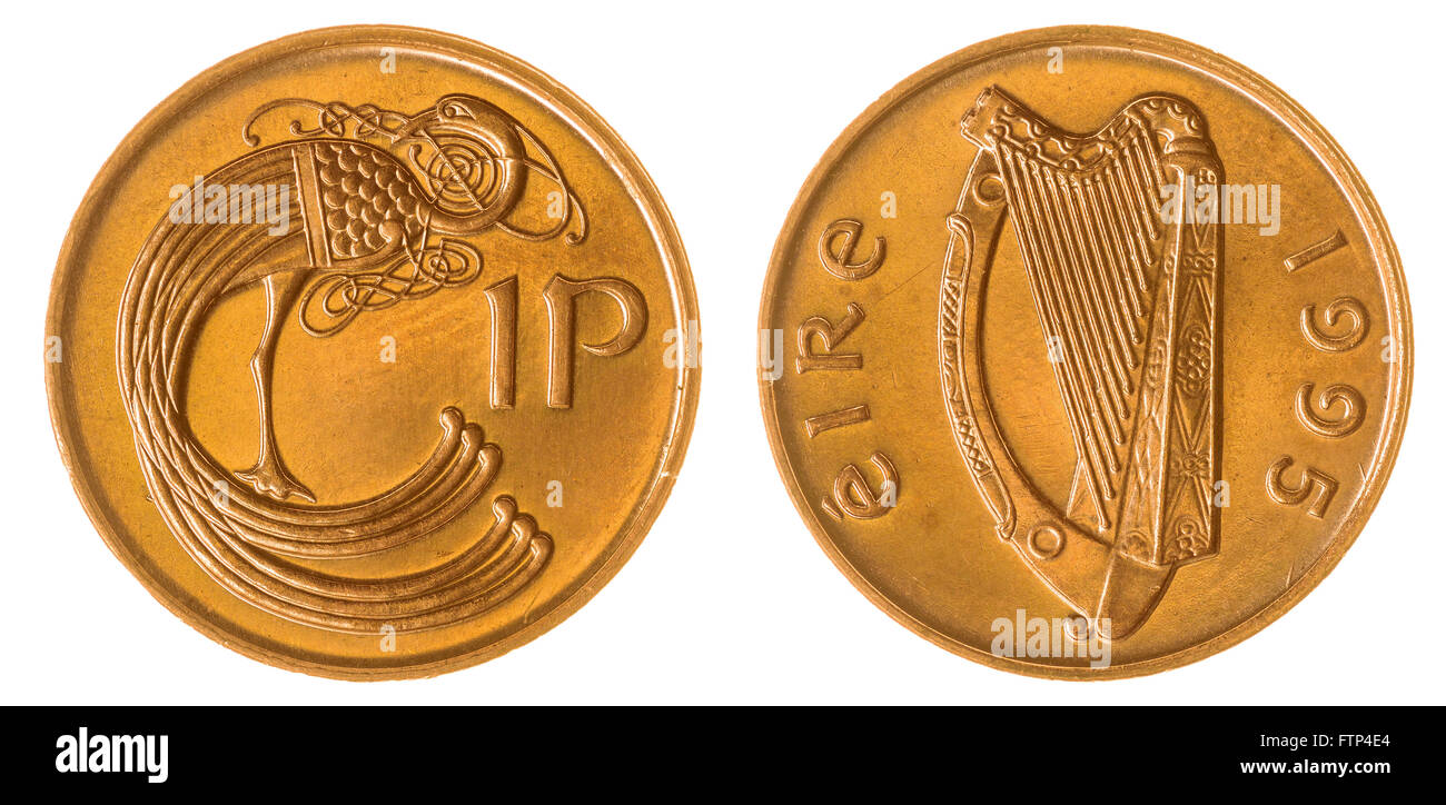 Bronze 1 penny 1995 coin isolated on white background, Ireland Stock ...