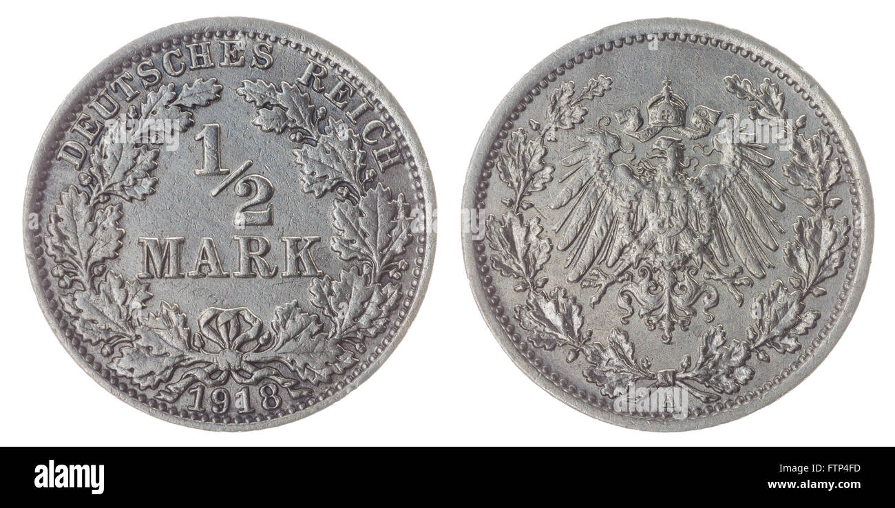 Silver half mark 1918 coin isolated on white background, Germany Empire ...