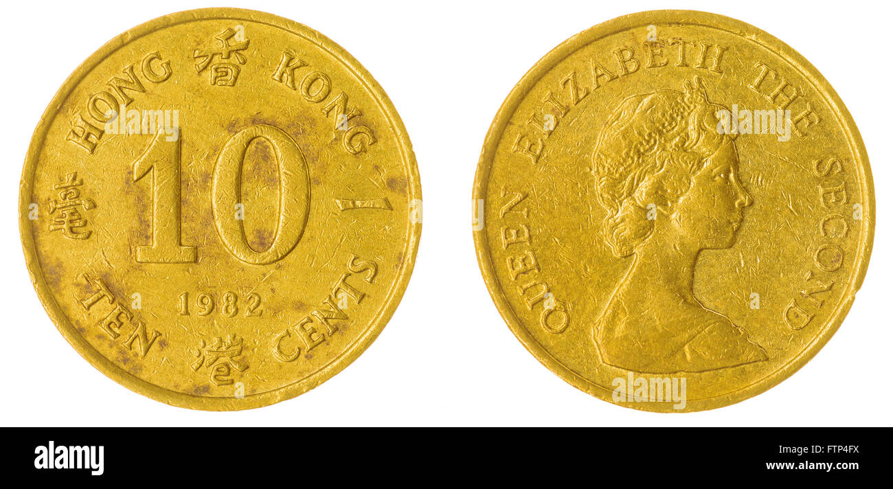 Nickel Brass 10 cents 1982 coin isolated on white background, Hong Kong ...