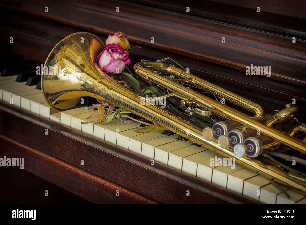Old and worn Jazz trumpet and piano with dried flowers Stock Photo - Alamy