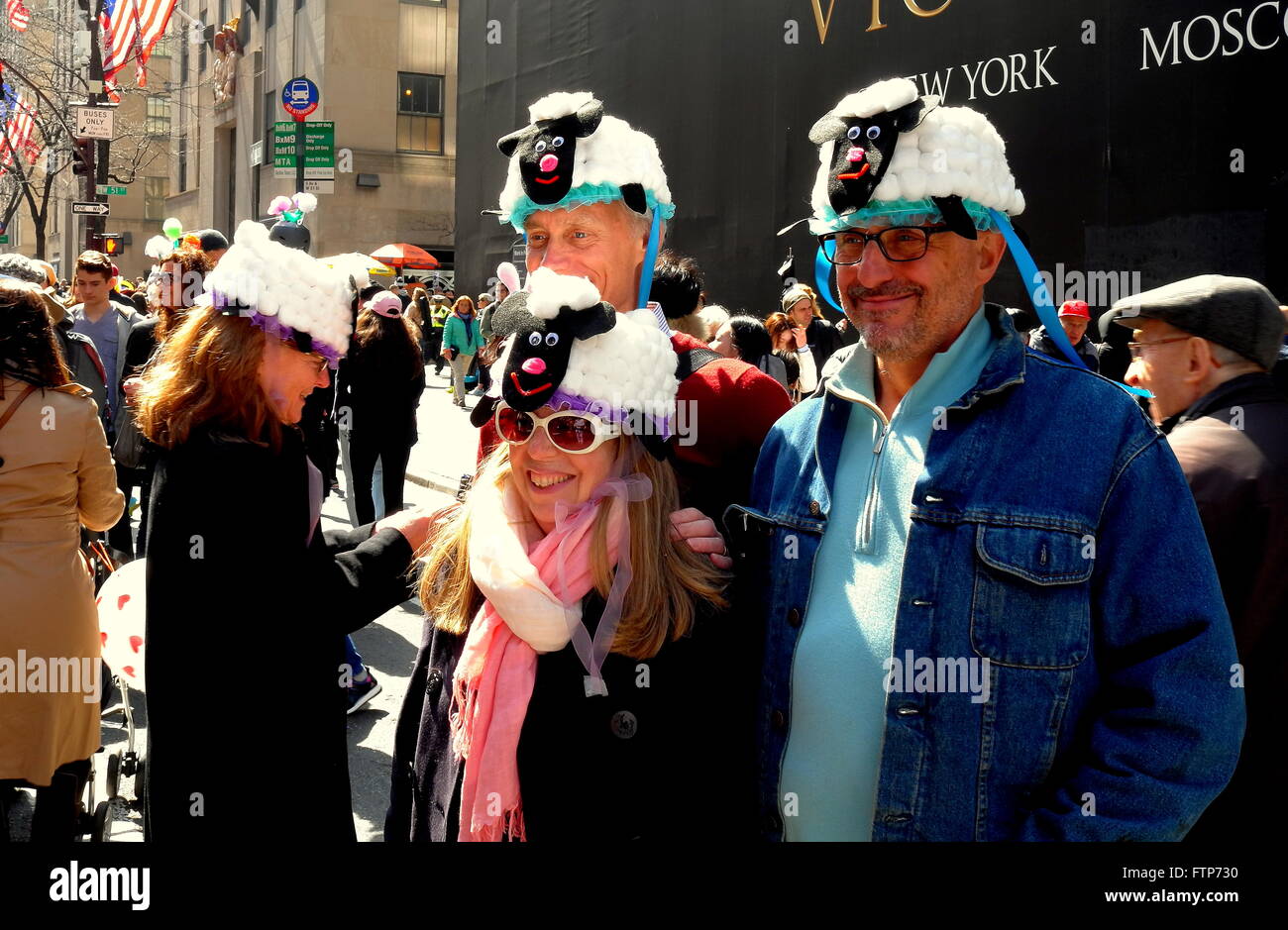 New York City: Family wearing amusing sheep bonnets at the annual Fifth ...