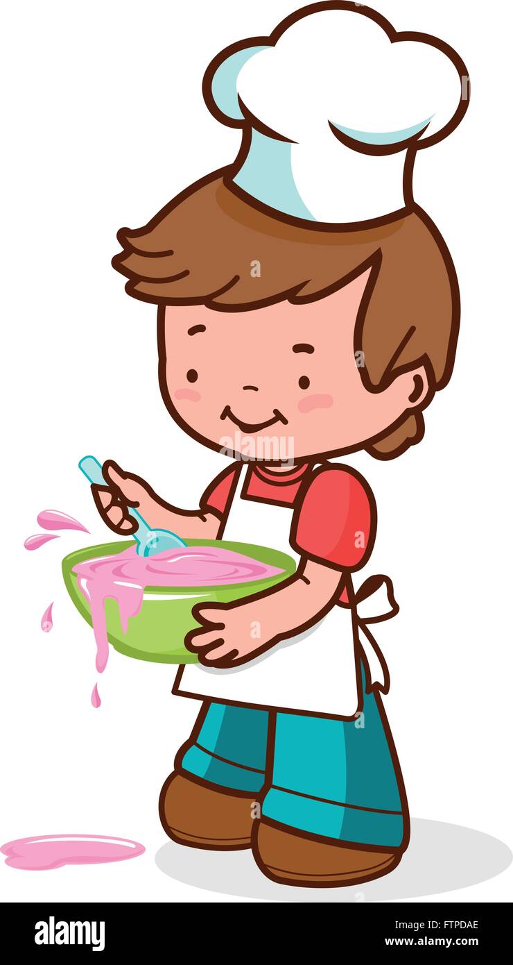 Boy chef cooking in the kitchen. Little child cook baking at home ...