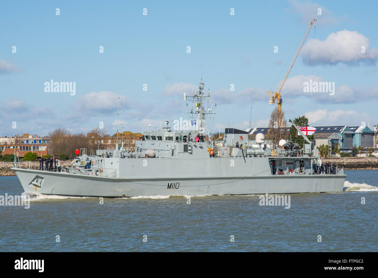 The British Royal Navy Mine Warfare Vessel, HMS Ramsey (M110) departing ...