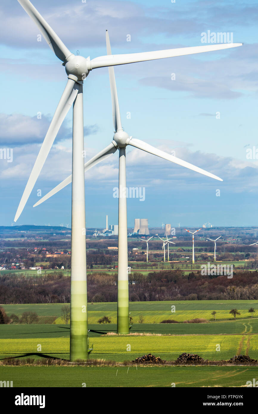 Wind park, wind power plant, turbines near Ense, Germany, in the back a ...