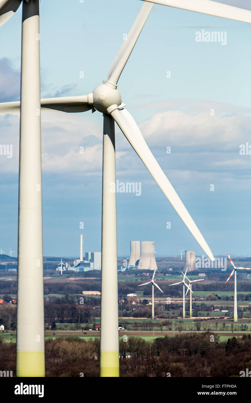 Wind park, wind power plant, turbines near Ense, Germany, in the back a ...