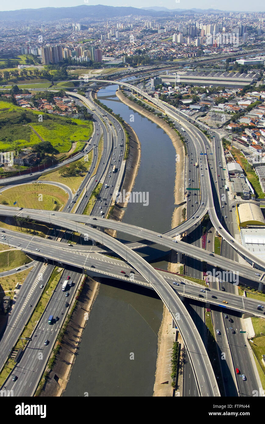 Aerial view of river and Marginal Tiete and Anhanguera complex - access ...