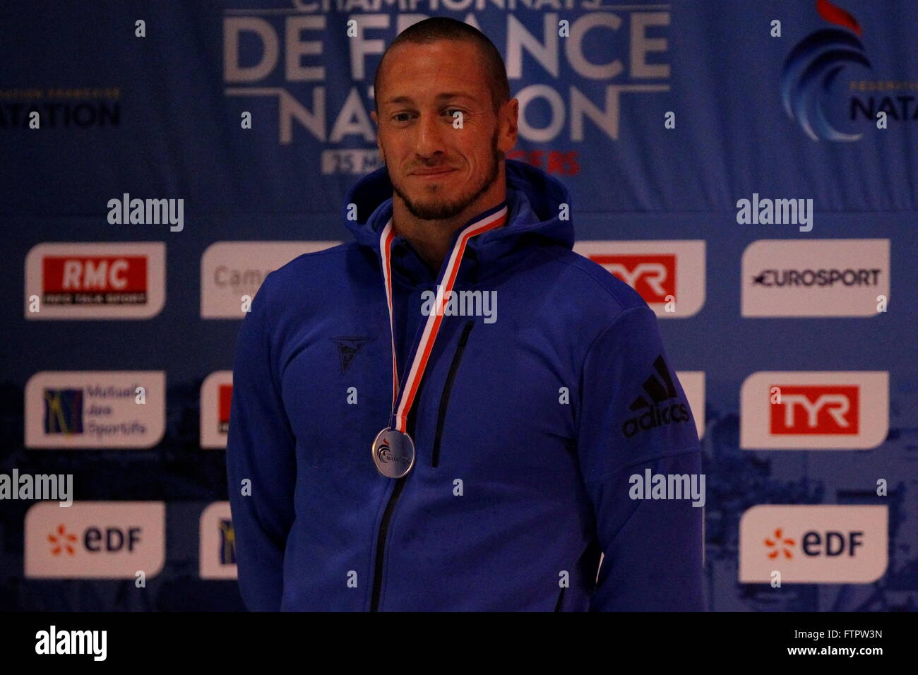 Angers, France, November 19, 2015 Frederick Bousquet on the podium on ...