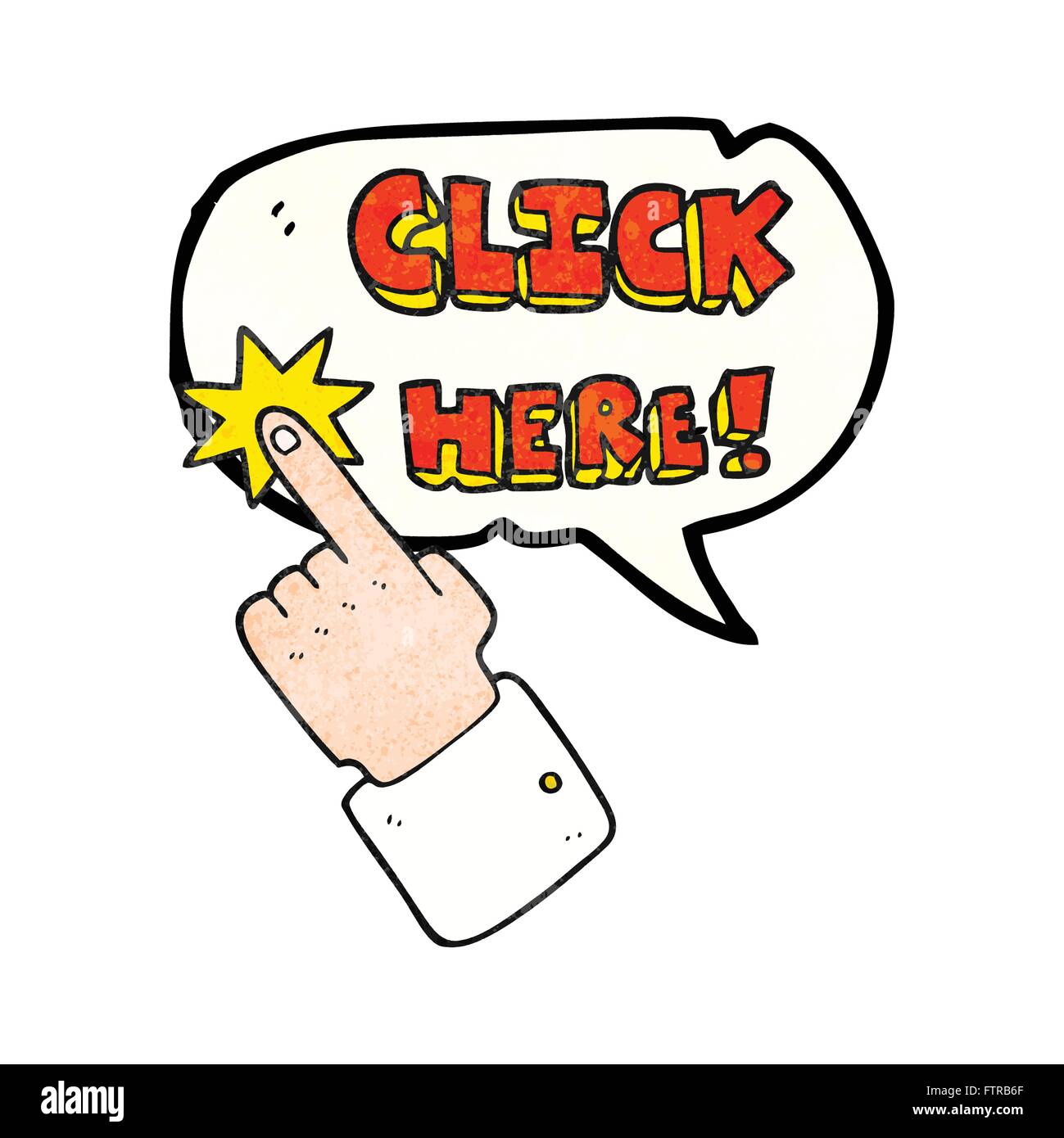 freehand speech bubble textured cartoon click here sign with finger ...