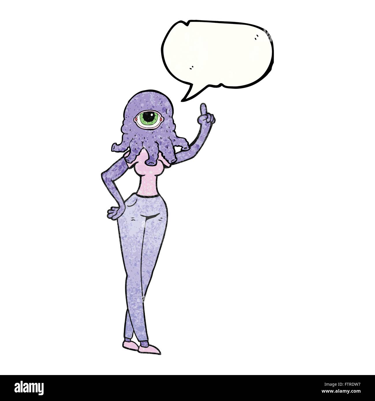 freehand speech bubble textured cartoon female alien with raised hand ...