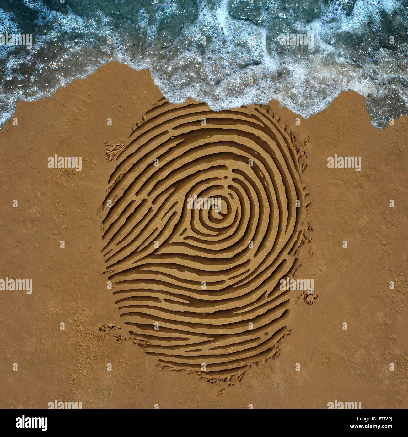 Identity crisis concept as a finger print pattern on beach sand with an ...