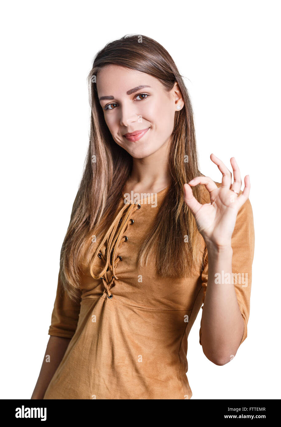 Young beautiful woman shows OK sign Stock Photo - Alamy