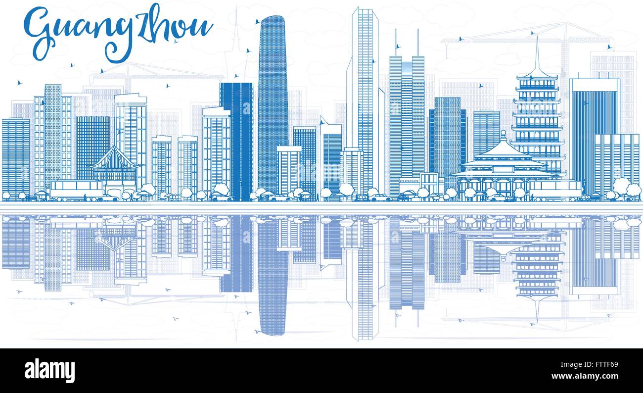 Outline Guangzhou Skyline with Blue Buildings and Reflections. Vector ...