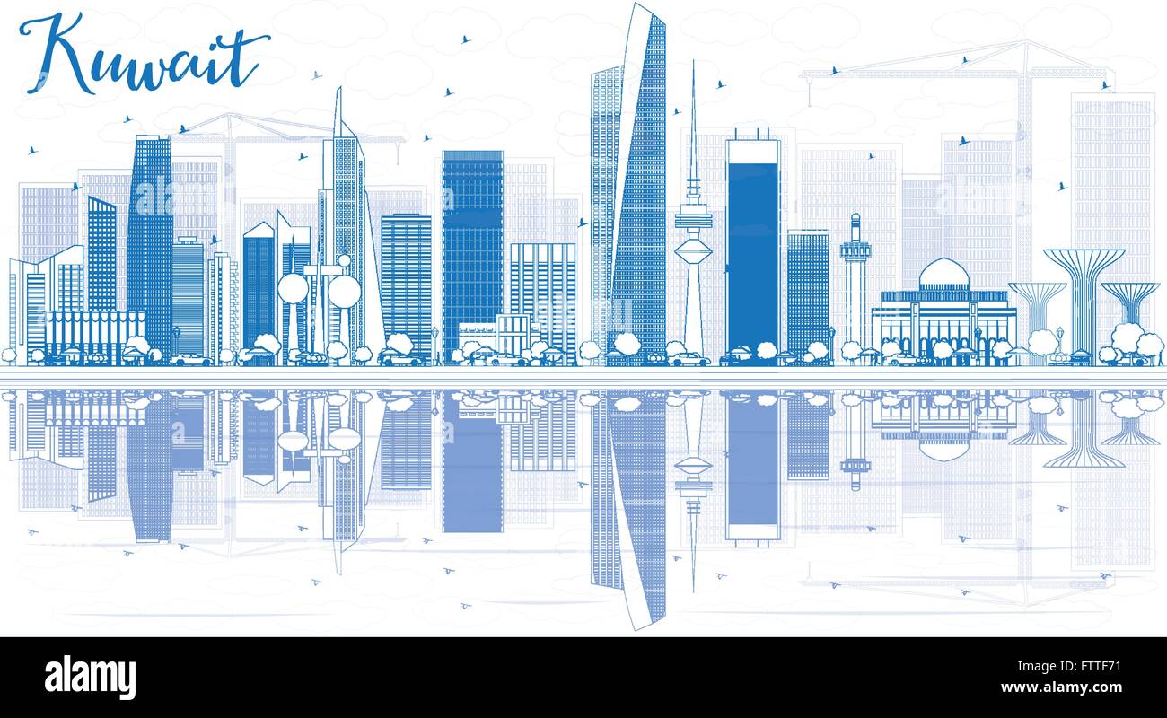 Outline Kuwait City Skyline with Blue Buildings and Reflections. Vector ...