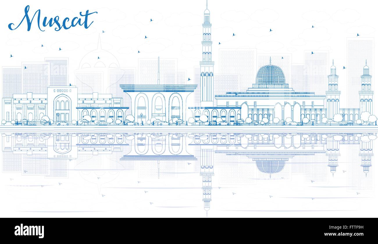 Outline Muscat Skyline with Blue Buildings and Reflections. Vector ...