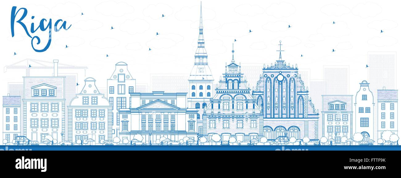 Outline Riga Skyline with Blue Landmarks. Vector Illustration. Business ...